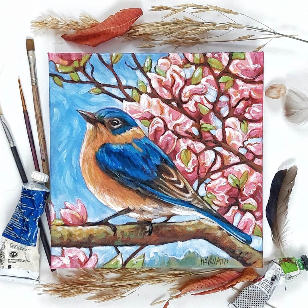 Bluebird, Wings Blooms, Original Painting 8x8 – SoloWorkStudio