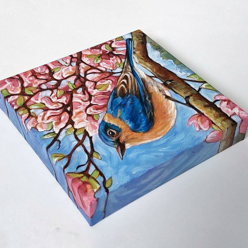 Bluebird, Wings Blooms, Original Painting 8x8 – SoloWorkStudio