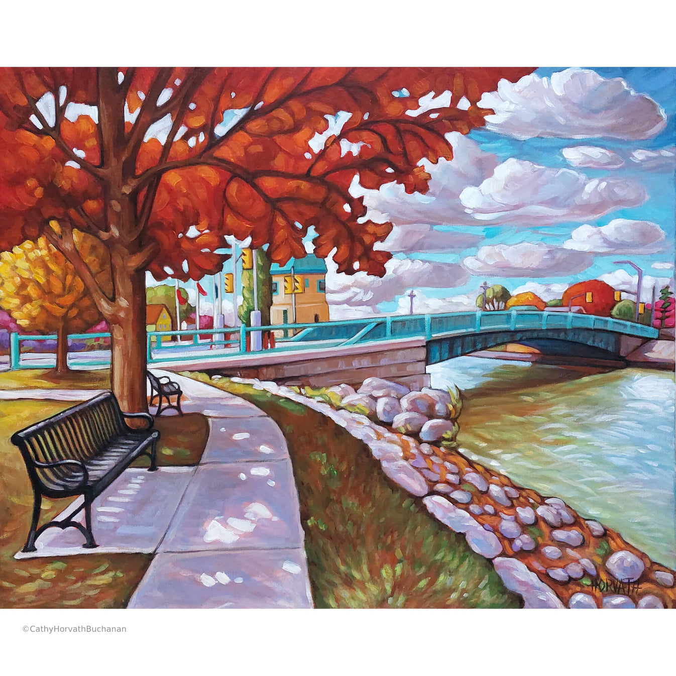 Port Stanley Bridge Benches, Original Painting 16x20 – SoloWorkStudio