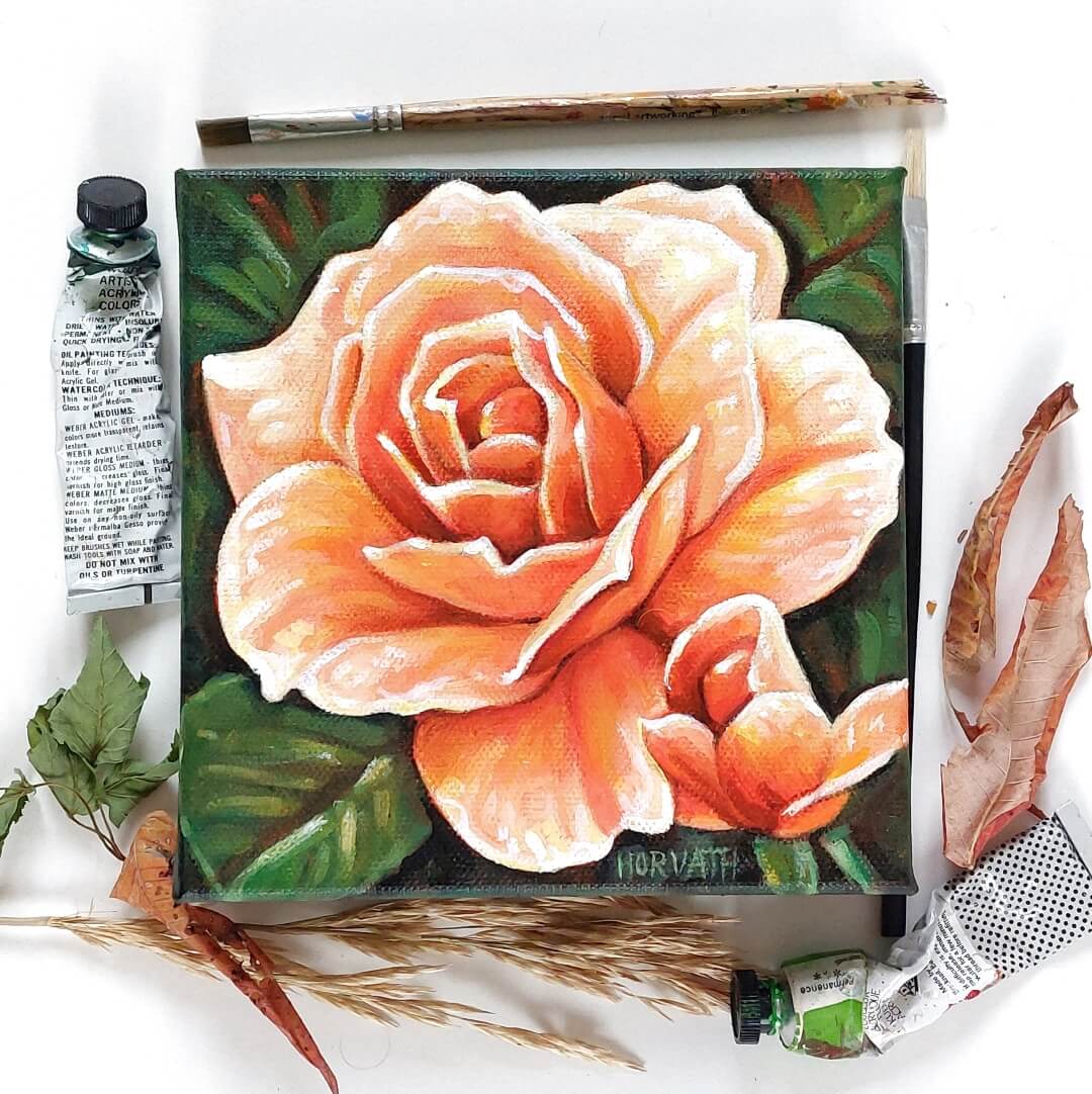 Rose, Wings Blooms, Original Painting 6x6 – SoloWorkStudio