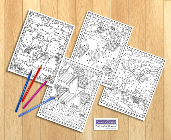 Folk Art Town Village Landscape Coloring Pages 4 Pack, PDF Download Pr ...