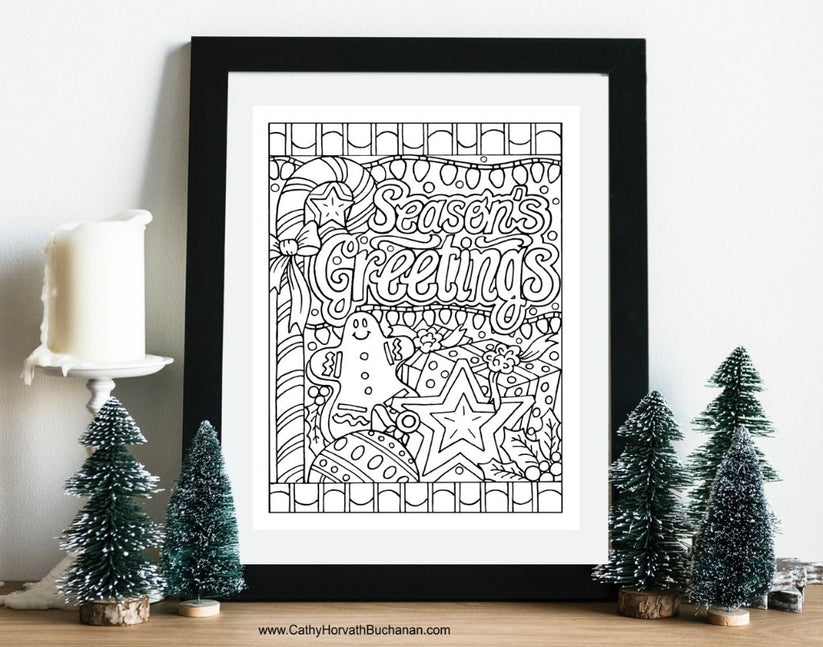 Seasons Greetings Holiday Coloring Page, PDF Download Printable ...