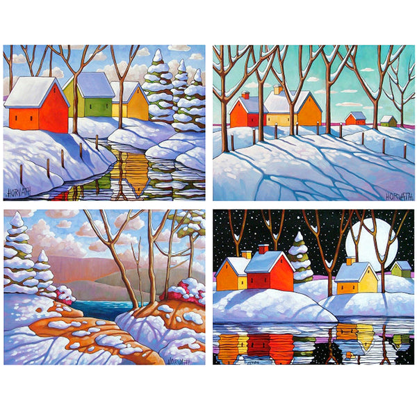 Art Print Set of 4, Winter Cottage Christmas Snow Folk Artwork ...