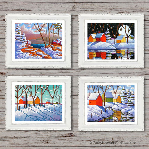 Art Print Set of 4, Winter Cottage Christmas Snow Folk Artwork ...