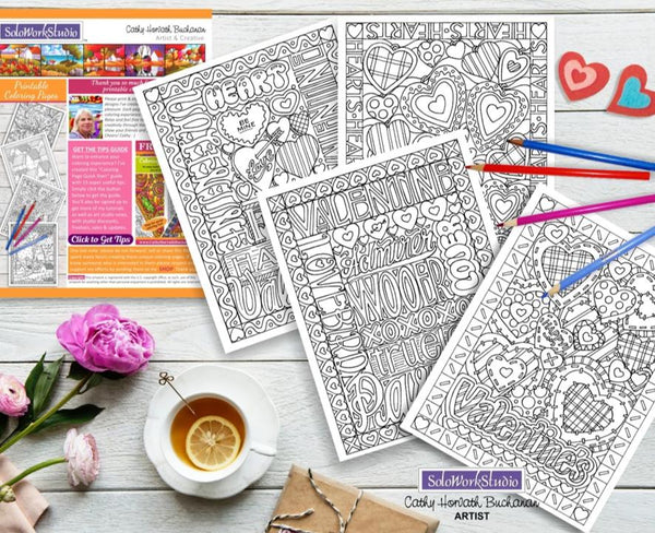 Valentine 4 pack Coloring Pages, Romantic PDF Instant Printable Downlo ...